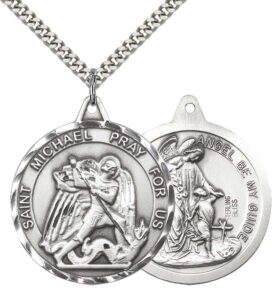 f a dumont sterling silver st. michael the archangel pendant with 24" stainless steel heavy curb chain. patron saint of police officers/emts