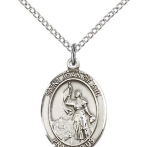 Sterling Silver St. Joan of Arc Pendant with 18" Stainless Steel Lite Curb Chain. Patron Saint of Soldiers/France