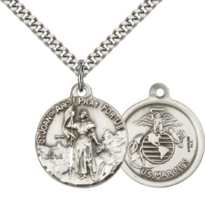 f a dumont sterling silver st. joan of arc pendant with 24" stainless steel heavy curb chain. patron saint of soldiers/france