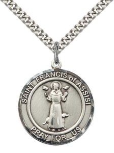 f a dumont sterling silver st. francis of assisi pendant with 24" stainless steel heavy curb chain. patron saint of animals/catholic action