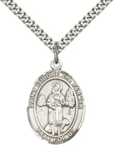 f a dumont sterling silver st. isidore the farmer pendant with 24" stainless steel heavy curb chain. patron saint of agricultural workers