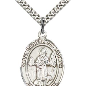 F A Dumont Sterling Silver St. Isidore The Farmer Pendant with 24" Stainless Steel Heavy Curb Chain. Patron Saint of Agricultural Workers