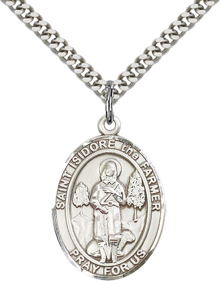 F A Dumont Sterling Silver St. Isidore The Farmer Pendant with 24" Stainless Steel Heavy Curb Chain. Patron Saint of Agricultural Workers