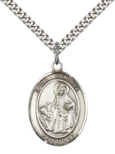 f a dumont sterling silver st. dymphna pendant with 24" stainless steel heavy curb chain. patron saint of mental illness/runaways