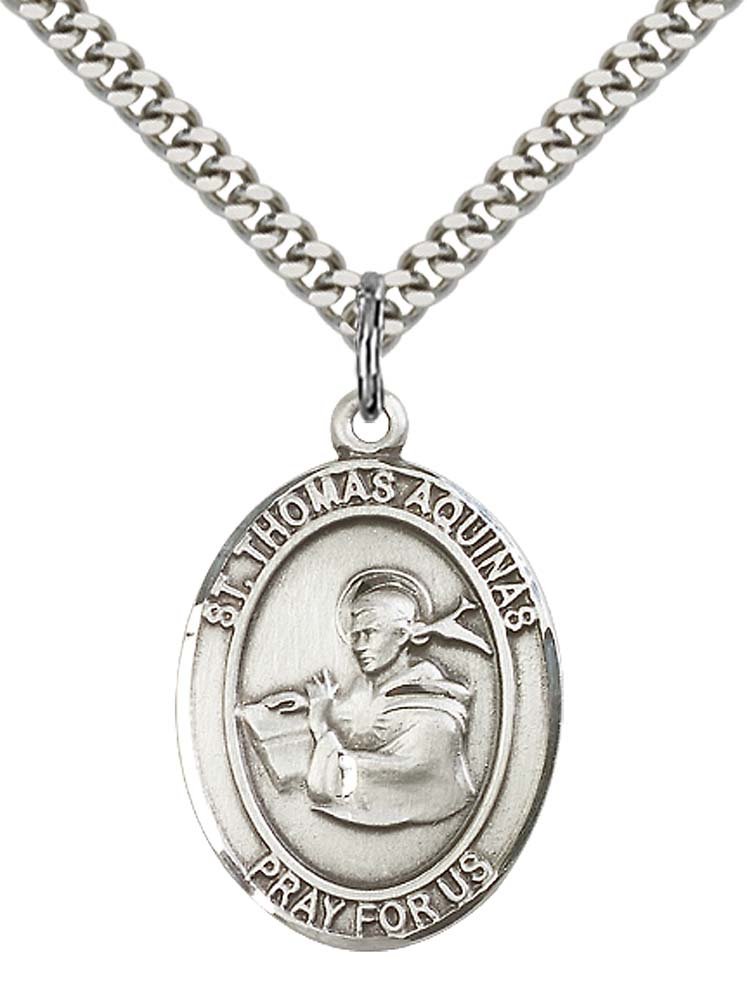 F A Dumont Sterling Silver St. Thomas Aquinas Pendant with 24" Stainless Steel Heavy Curb Chain. Patron Saint of Catholic Schools/Students