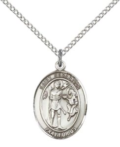 f a dumont sterling silver st. sebastian pendant with 18" stainless steel lite curb chain. patron saint of athletes/soldiers