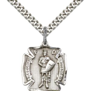 F. A. Dumont Sterling Silver 3/4 x 5/8-inch St. Florian Pendant for Men or Women on a 24-inch Light Rhodium Heavy Curb Chain