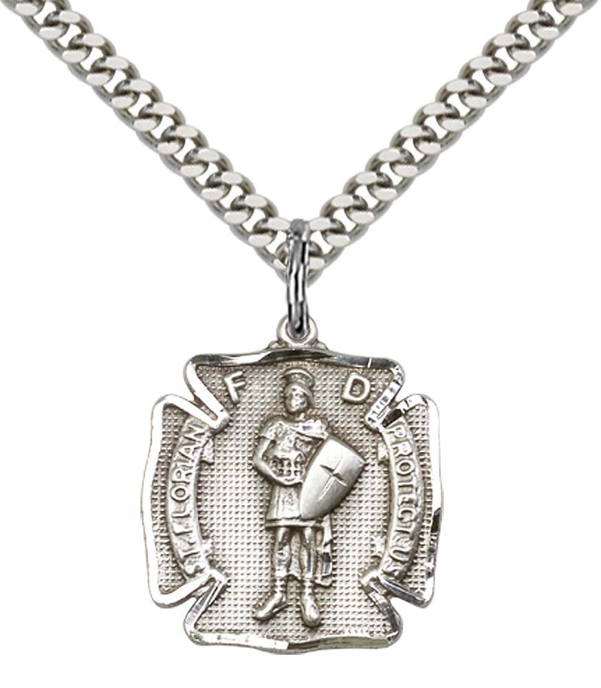 F. A. Dumont Sterling Silver 3/4 x 5/8-inch St. Florian Pendant for Men or Women on a 24-inch Light Rhodium Heavy Curb Chain