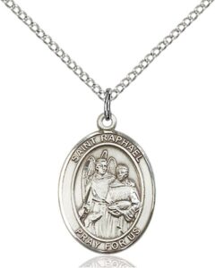 f a dumont sterling silver st. raphael the archangel pendant with 18" stainless steel lite curb chain. patron saint of blind/love/safe journey