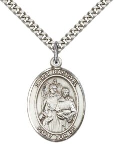 sterling silver st. raphael the archangel pendant with 24" stainless steel heavy curb chain. patron saint of blind/love/safe journey