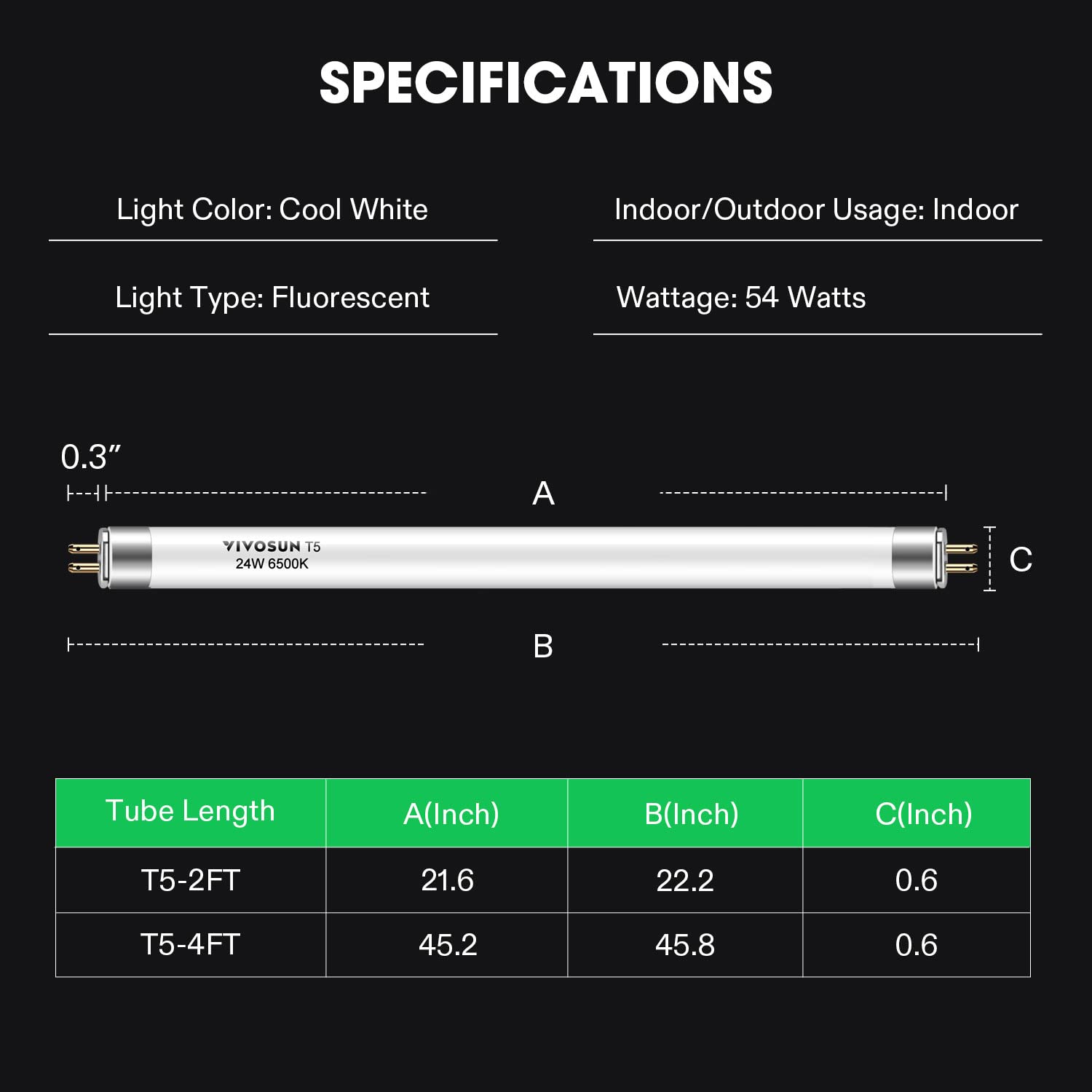 VIVOSUN T5 Grow Light Bulbs 2 Ft 22 Inches, 24W 6500K HO Fluorescent Tubes Light Bulbs, Cool White T5 Bulb for 22 Inches T5 Light Fixtures, T5 Grow Lights for Indoor Plants, 2 Ft 24W Pack of 5