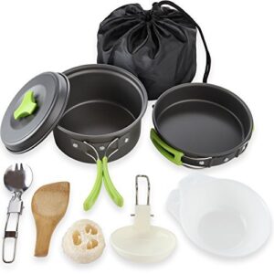 1 Liter Camping Cookware Mess Kit Backpacking Gear & Hiking Outdoors Bug Out Bag Cooking Equipment 10 Piece Cookset | Lightweight, Compact, & Durable Pot Pan Bowls - Free Folding Spork, Nylon Bag