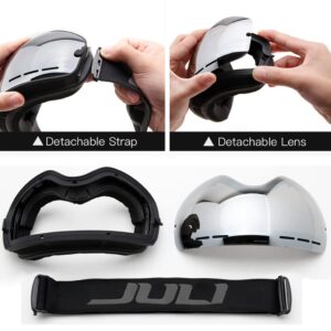 JULI Ski Goggles,Winter Snow Sports Snowboard Goggles with Anti-Fog UV Protection Detachable Dual Lens for Men Women Snowmobile Skiing Skating（Black Frame+VLT 18.5% REVO Silver）