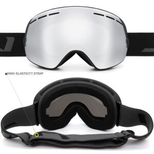 JULI Ski Goggles,Winter Snow Sports Snowboard Goggles with Anti-Fog UV Protection Detachable Dual Lens for Men Women Snowmobile Skiing Skating（Black Frame+VLT 18.5% REVO Silver）