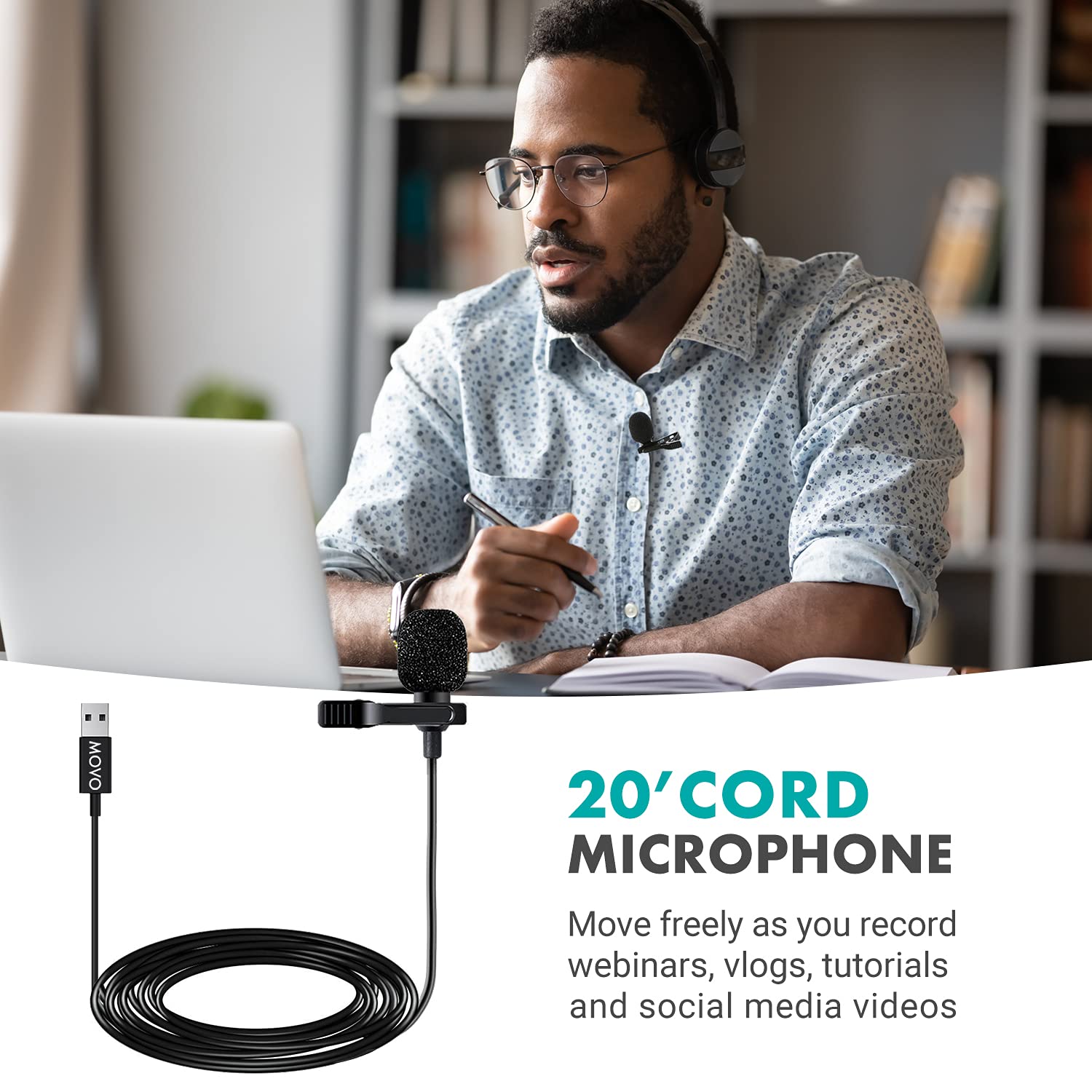 Movo M1 USB Lavalier Lapel Clip-on Omnidirectional Computer Microphone for Laptop, PC and Mac, Perfect Podcasting, Gaming, Streaming and Desktop Mic (20-foot Cord)