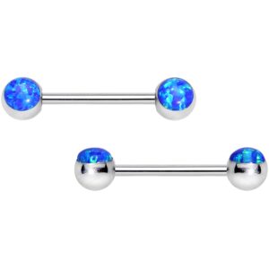 body candy stainless steel blue synthetic opal nipple barbell set of 2