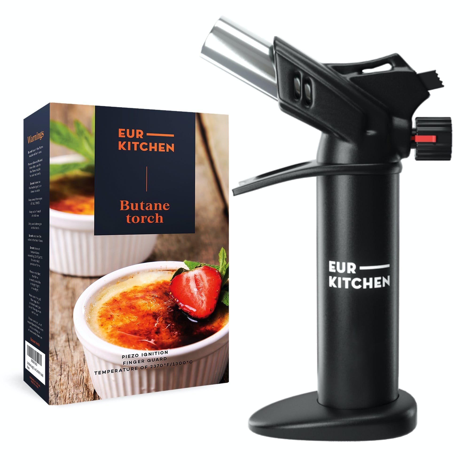 EurKitchen Large Culinary Butane Torch with Safety Lock, Adjustable Flame, Finger Guard- Refillable Kitchen Blow Torch Lighter for Creme Brulee, BBQ, Baking, Soldering, Crafts- Butane Gas Not Included