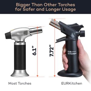 EurKitchen Large Culinary Butane Torch with Safety Lock, Adjustable Flame, Finger Guard- Refillable Kitchen Blow Torch Lighter for Creme Brulee, BBQ, Baking, Soldering, Crafts- Butane Gas Not Included