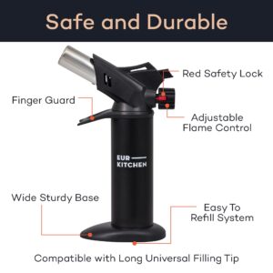 EurKitchen Large Culinary Butane Torch with Safety Lock, Adjustable Flame, Finger Guard- Refillable Kitchen Blow Torch Lighter for Creme Brulee, BBQ, Baking, Soldering, Crafts- Butane Gas Not Included