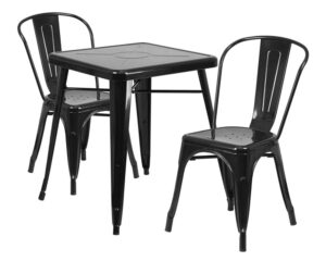 flash furniture commercial grade 23.75" square black metal indoor-outdoor table set with 2 stack chairs