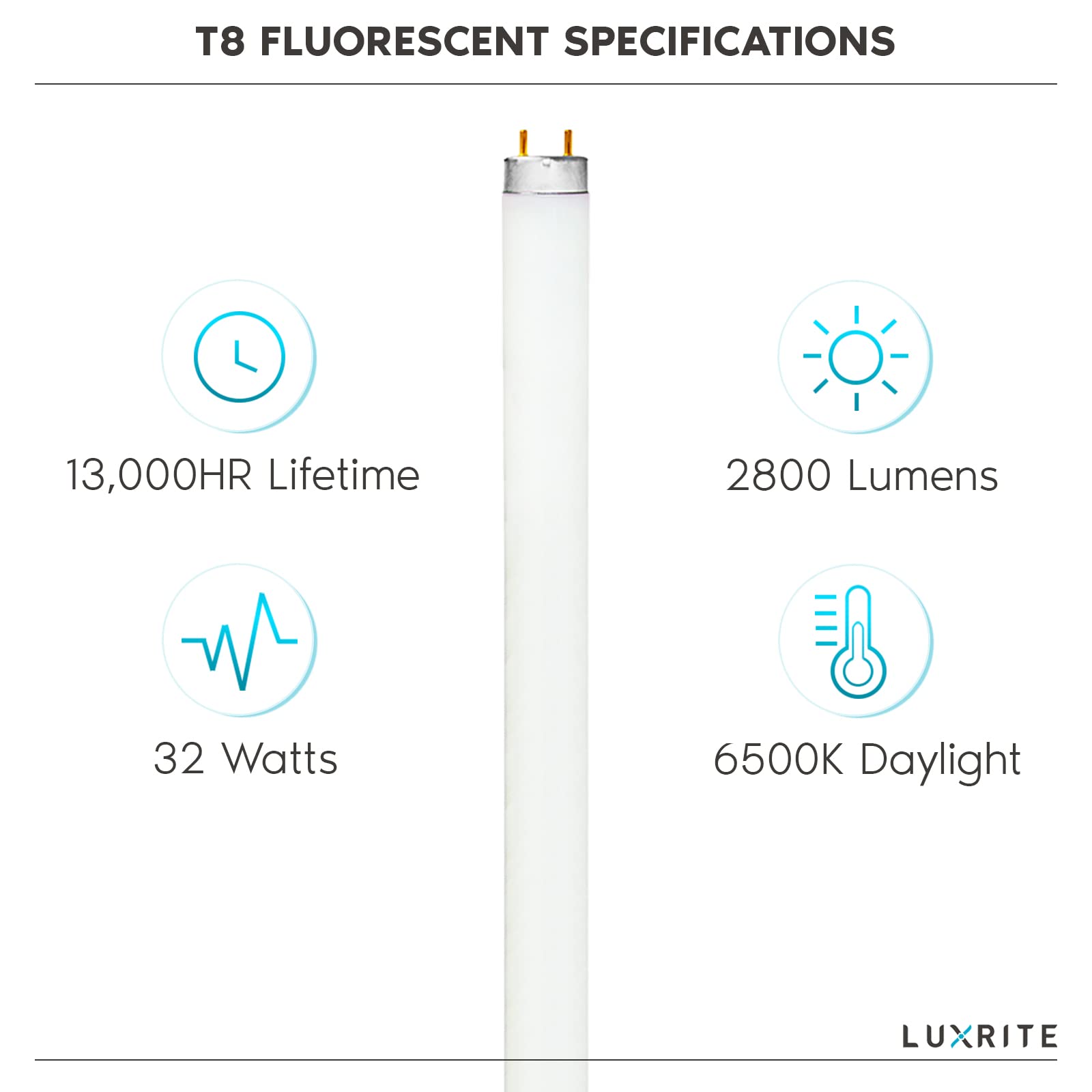 LUXRITE F32T8/865 32W 48 Inch T8 Fluorescent Tube Light Bulb, 6500K Daylight, 2800 Lumens, G13 Medium Bi-Pin Base, LR20735, 4-Pack