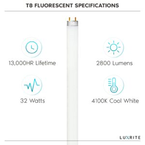 LUXRITE LR20730 (10-Pack) F32T8/841 32-Watt 4 FT T8 Fluorescent Tube Light Bulb, Cool White 4100K, 2800 Lumens, G13 Medium Bi-Pin Base