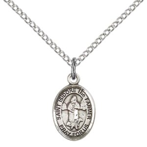 F A Dumont Sterling Silver St. Isidore The Farmer Pendant with 18" Stainless Steel Lite Curb Chain. Patron St of Agri Workers