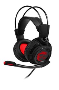 msi ds502 gaming headset, enhanced virtual 7.1 surround sound, ergonimic design, omnidirectional microphone, intelligent vibration system, red led lighting, pc/mac