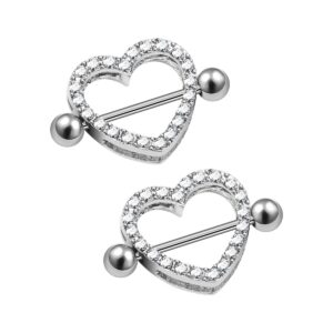 crazypiercing 2pcs clear gem paved heart nipple shield ring 14ga 7/8" length