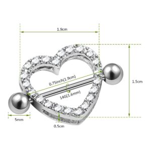 CrazyPiercing 2pcs Clear Gem Paved Heart Nipple Shield Ring 14GA 7/8" Length