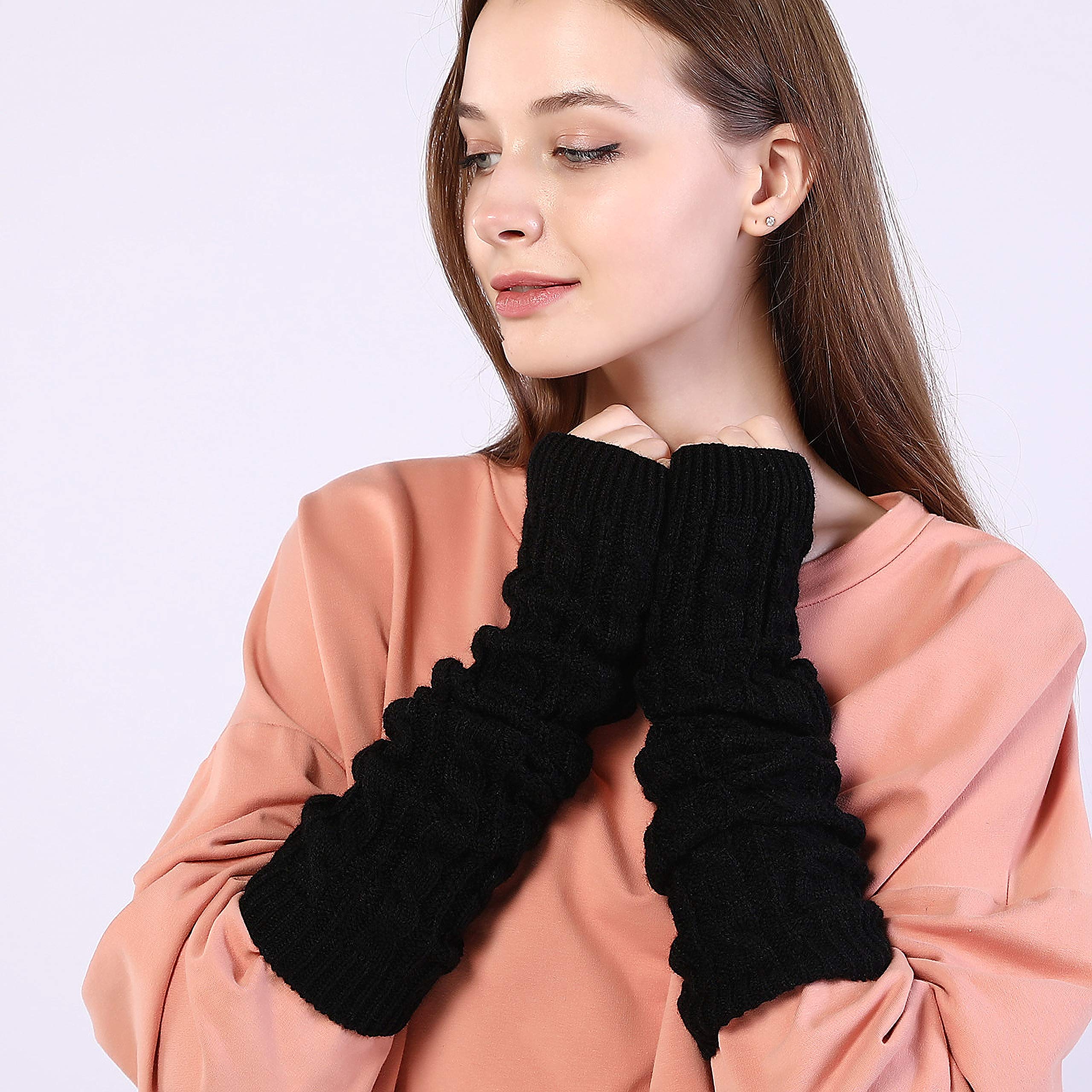 Womens Lady's Long Sleeve Fingerless Arm Warmers Gloves, One Size Black