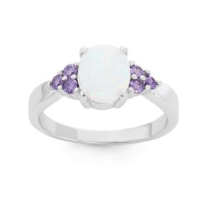 sterling silver oval created white opal & amethyst cz ring (size 8)