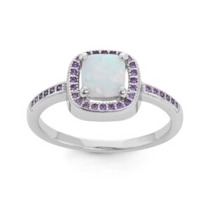 sterling silver created white opal & amethyst cz square ring (size 8)