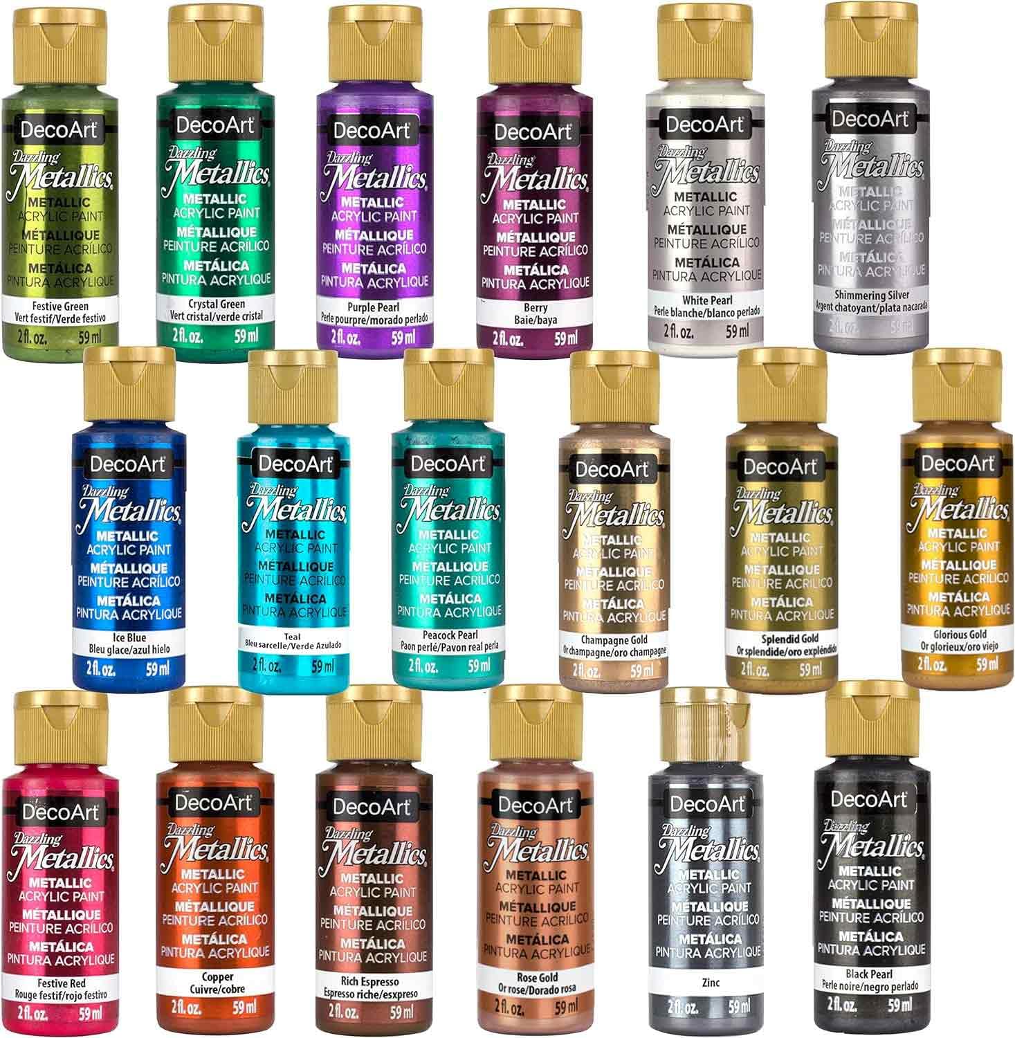 DecoArt Americana Acrylics Paint DAZZLING METALLICS, Set of 18 Popular Colors, 2 fl oz Bottle (Pack of 18)