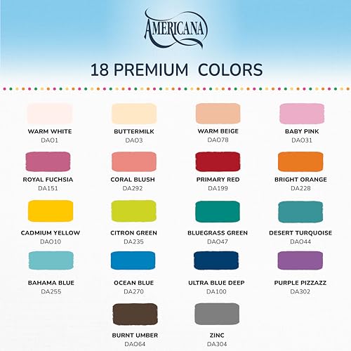 DecoArt Americana Acrylics Paint, Set of 18 Popular Colors, 2 fl oz Bottle (Pack of 18)