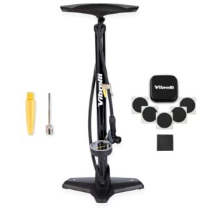 vibrelli bike floor pump with gauge & puncture kit - 160 psi - presta valve bike pump switches to schrader - high pressure bicycle pump,black