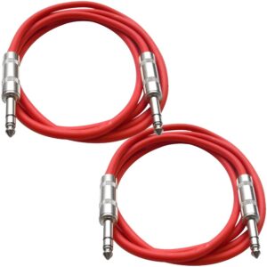 seismic audio speakers trs male ¼” to trs male ¼” patch cable, 6 foot balanced cord, pack of 2, red