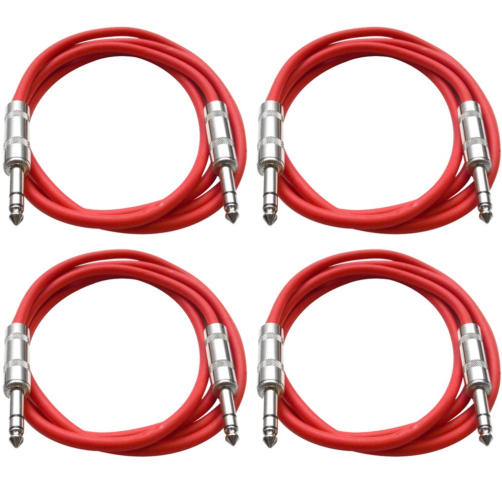 Seismic Audio - SATRX-2-4 Pack of 2' 1/4" TRS to 1/4" TRS Patch Cables - Balanced - 2 Foot Patch Cord - Red and Red