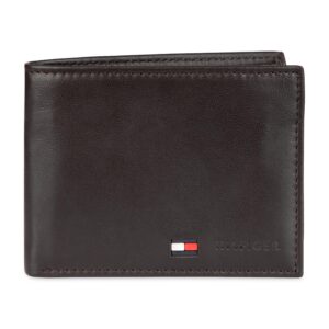 tommy hilfiger men's leather wallet - thin sleek casual bifold with 6 credit card pockets and removable id window, british brown