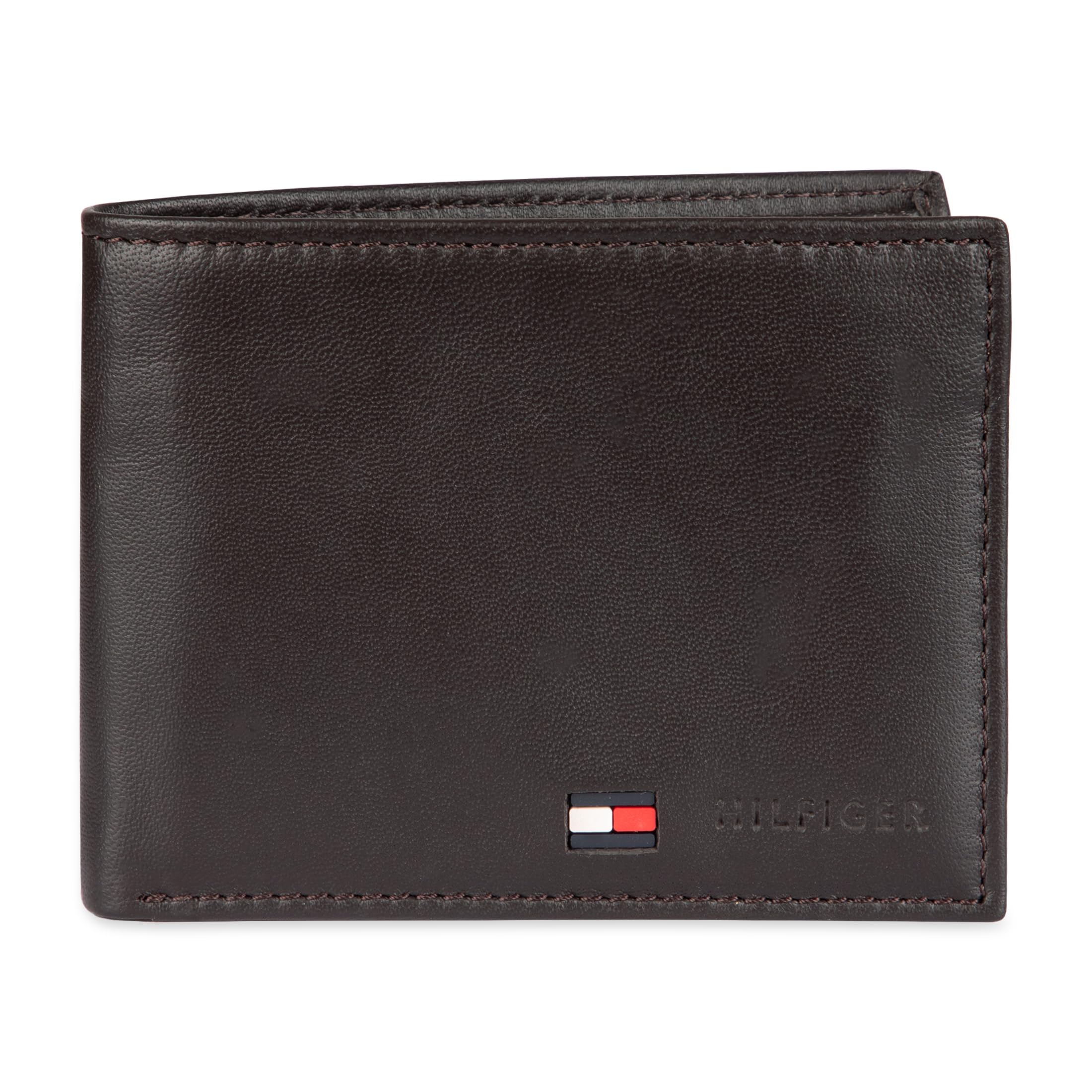 Tommy Hilfiger Men's Leather Wallet - Thin Sleek Casual Bifold with 6 Credit Card Pockets and Removable ID Window, British Brown