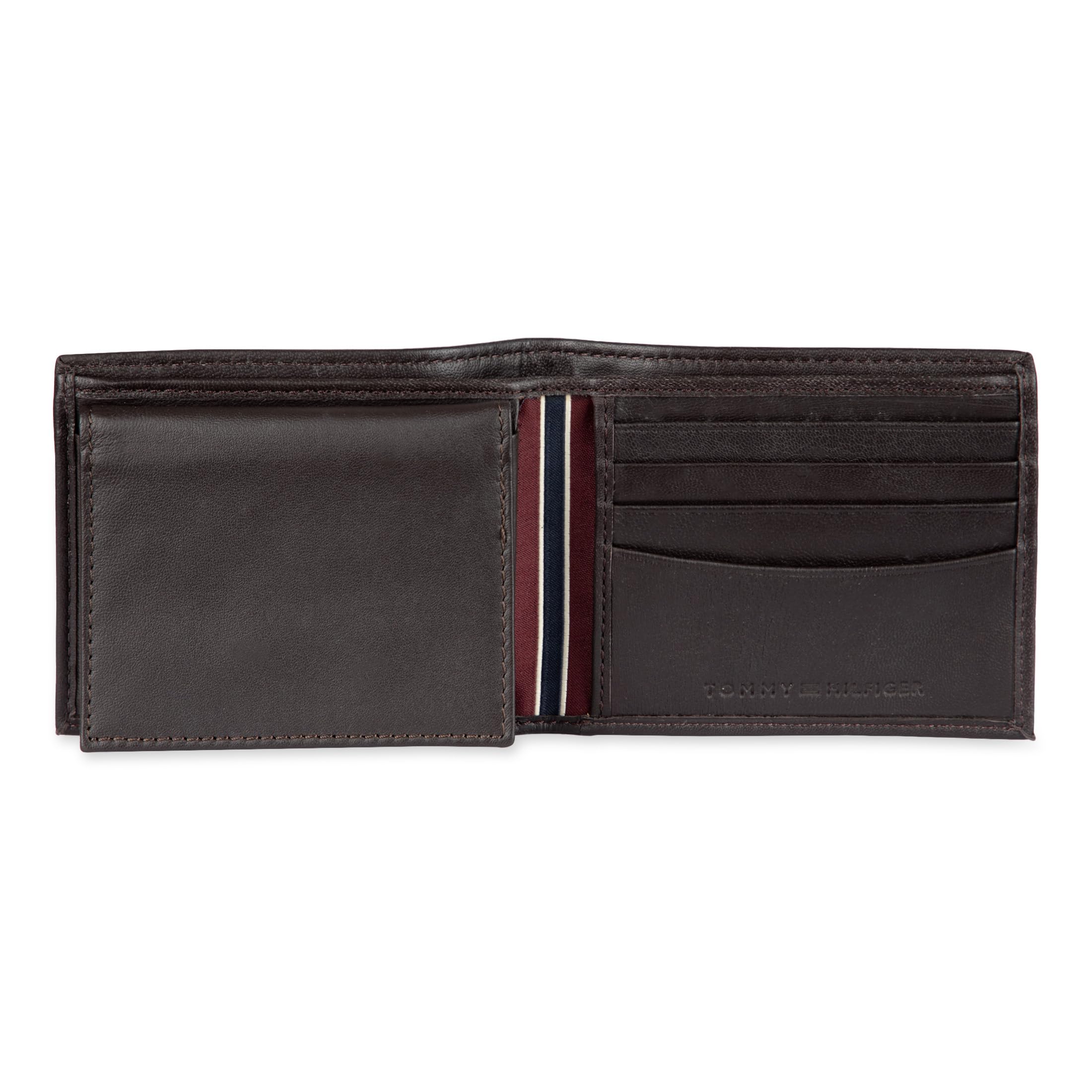 Tommy Hilfiger Men's Leather Wallet - Thin Sleek Casual Bifold with 6 Credit Card Pockets and Removable ID Window, British Brown