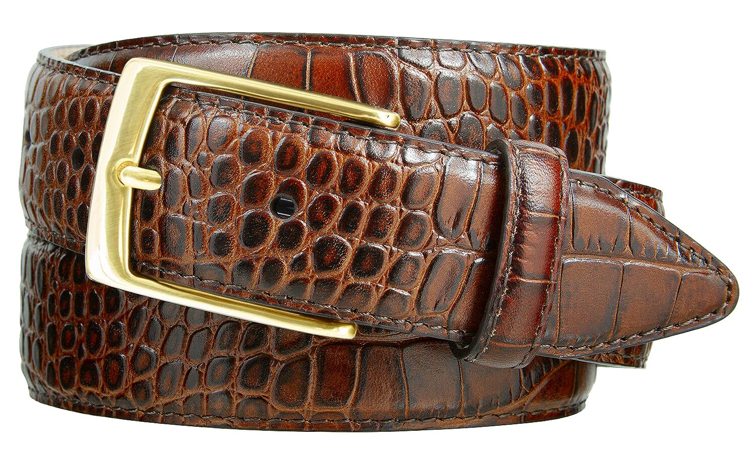 Joseph Gold Buckle Women's Designer Leather Dress Belt 1-3/8" Wide (Alligator Brown, 34)