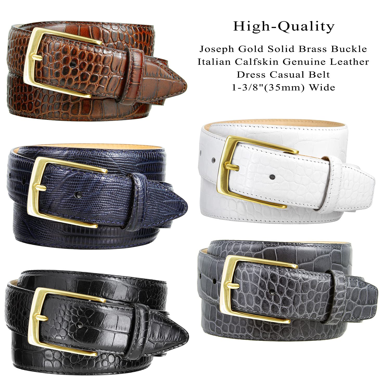 Joseph Gold Buckle Women's Designer Leather Dress Belt 1-3/8" Wide (Alligator Brown, 34)