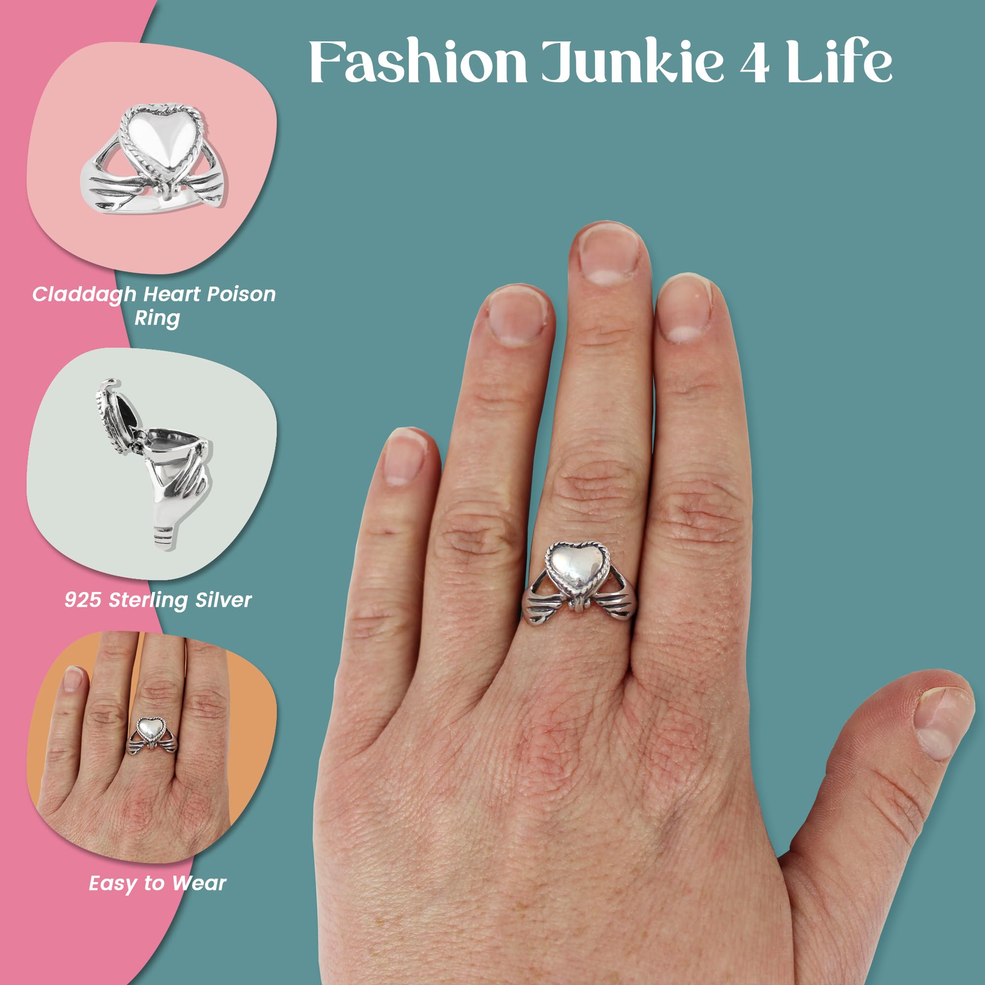 FashionJunkie4Life Claddagh Heart Poison Ring - 925 Sterling Silver, Sizes 5-10, Pillbox Ring (9)