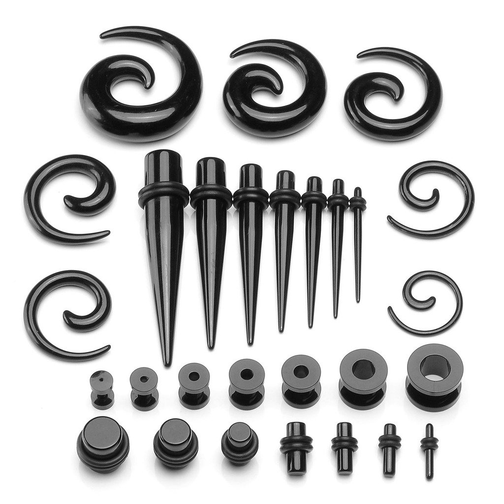 PiercingJ 56pcs 12G-00G Acrylic Tapers + Screw Tunnels + Plug with O Ring + Spiral Tapers Gauge Kit