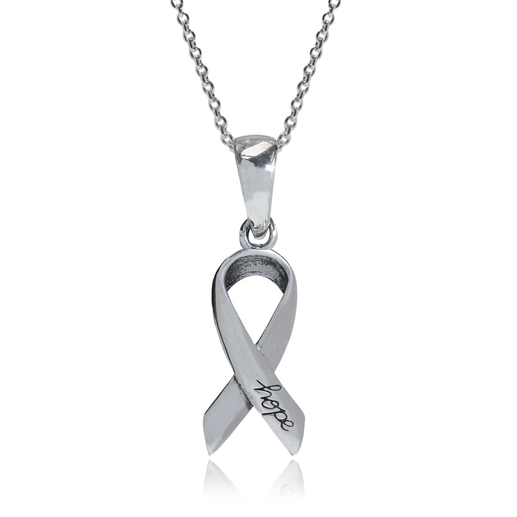 Silvershake Petite 925 Sterling Silver Hope Cancer Awareness Ribbon Pendant with 18 Inch Chain Necklace