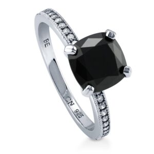 berricle sterling silver solitaire 3 carat black cushion cut cubic zirconia cz fashion ring for women, rhodium plated size 7