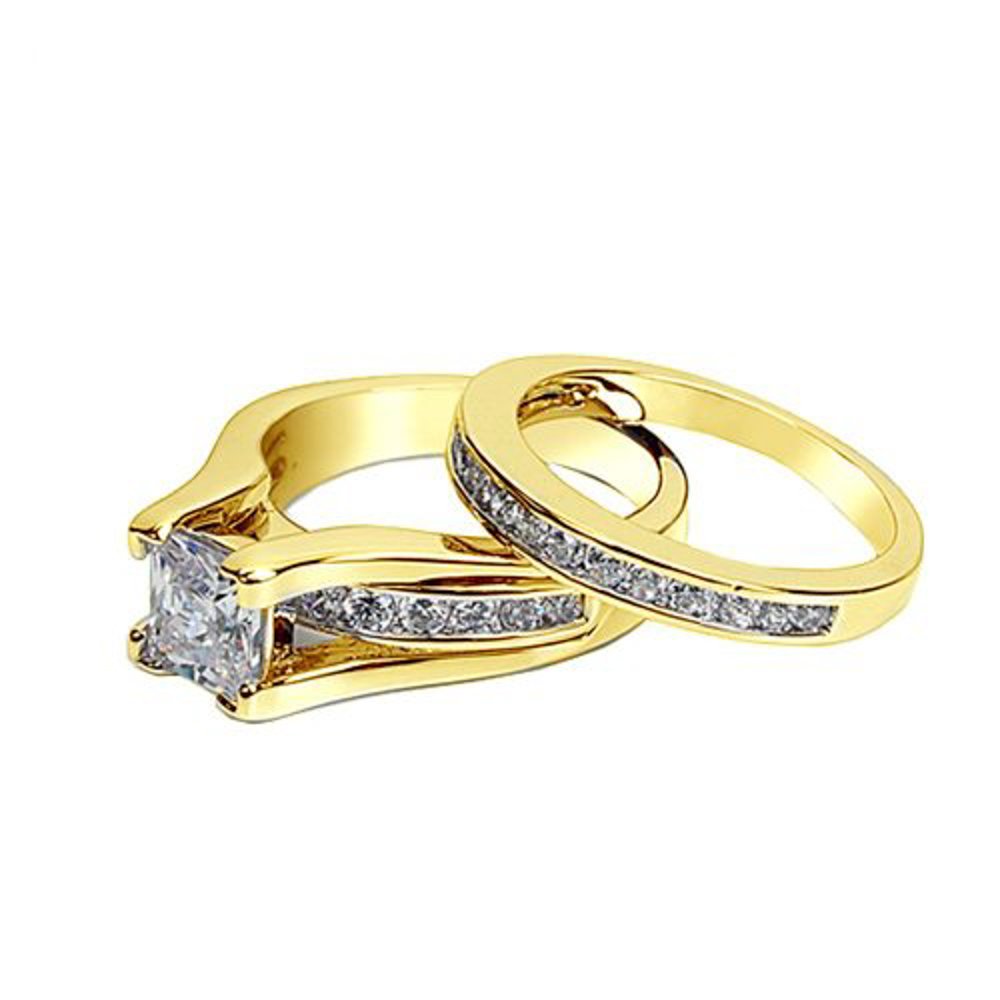 Marimor Jewelry Hers and His 14K Gold Plated Stainless Steel 3 Piece Wedding Engagement Ring and Men's Band Set Women's Size 08 Men's Size 13