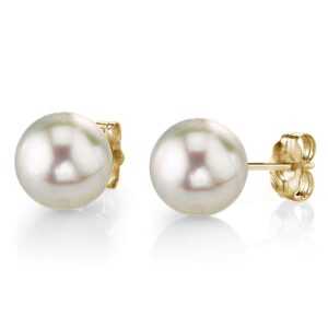 THE PEARL SOURCE 14K Gold 8.5-9mm Hanadama Quality Round White Akoya Cultured Pearl Pearl Stud Earrings for Women