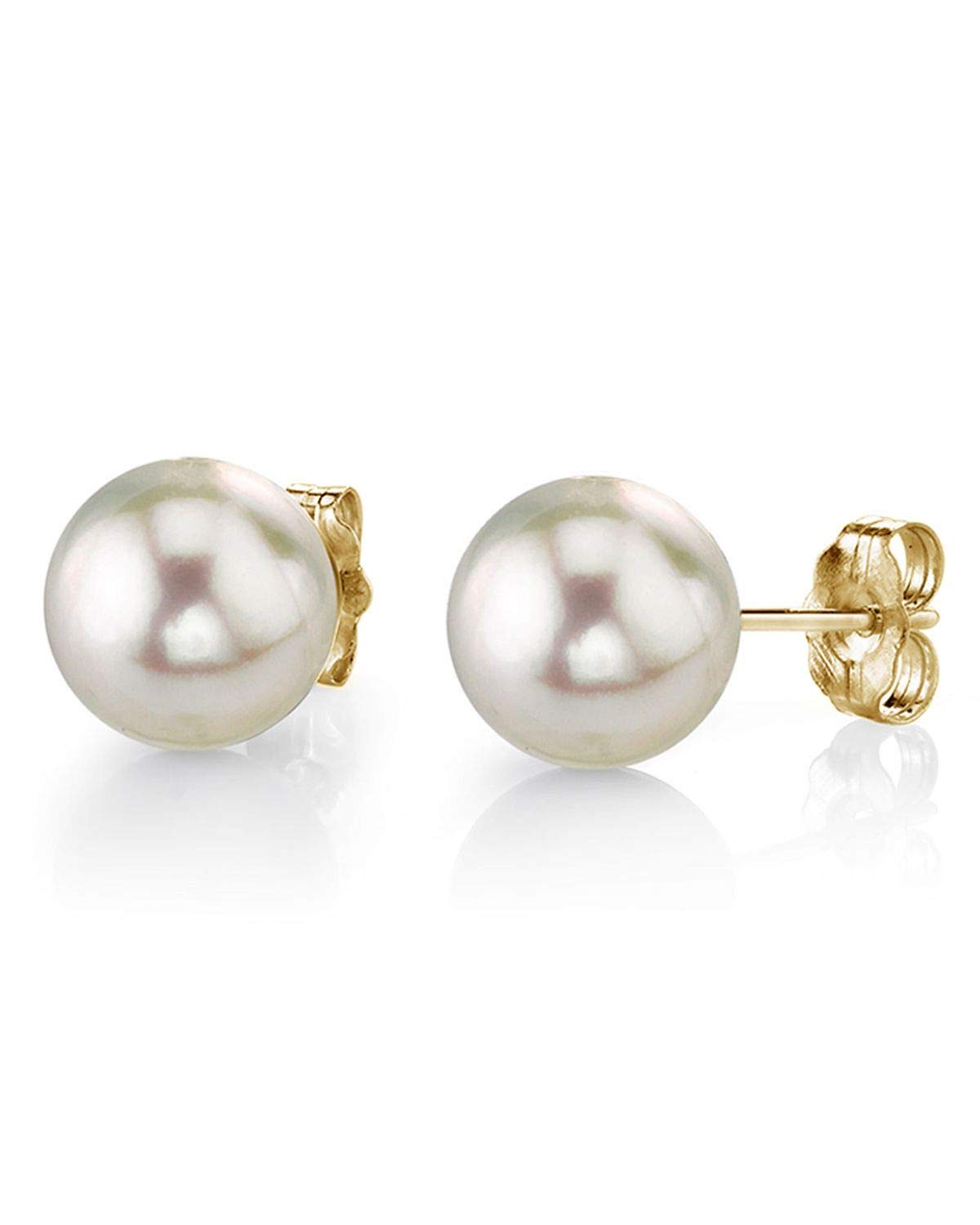 THE PEARL SOURCE 14K Gold 8.5-9mm Hanadama Quality Round White Akoya Cultured Pearl Pearl Stud Earrings for Women